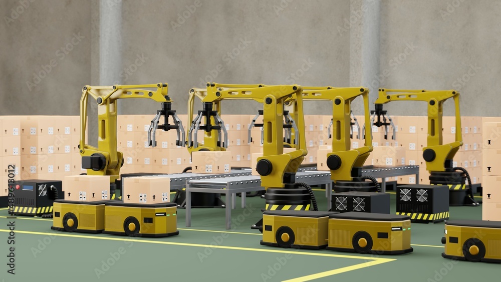 Robotic arm loading cartons on pallet. Boxes on conveyor of manufacture ...