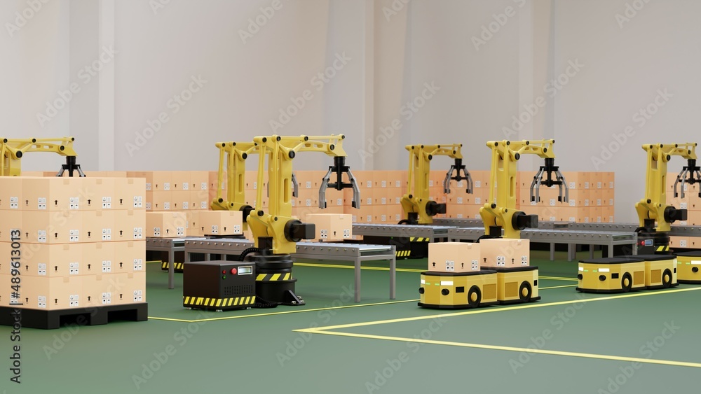 Robotic arm loading cartons on pallet. Boxes on conveyor of manufacture ...