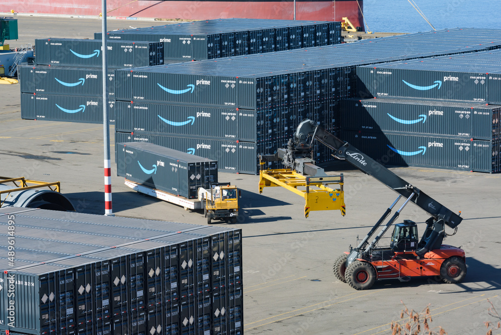 Everett, WA, USA - February 25, 2022; Stacking operation of Amazon ...