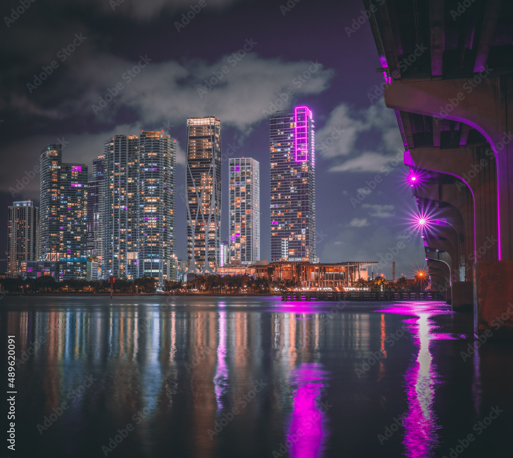city skyline at night miami skyscrapers bridge lights colors ...
