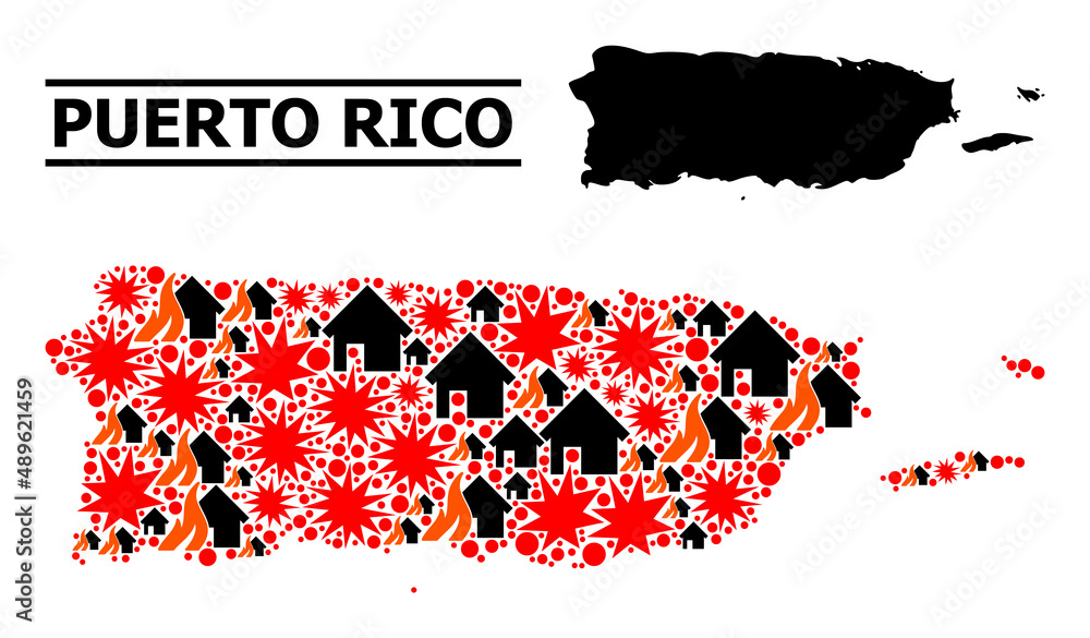 War collage vector map of Puerto Rico. Geographic composition map of ...