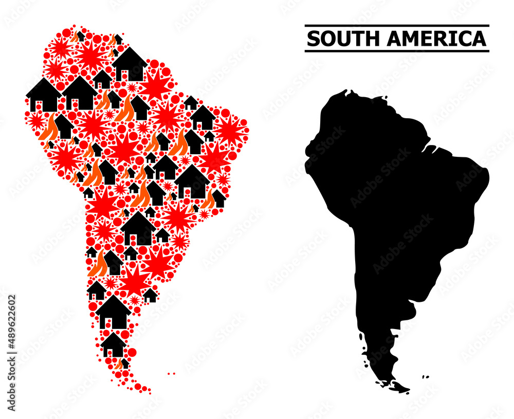 War pattern vector map of South America. Geographic collage map of ...