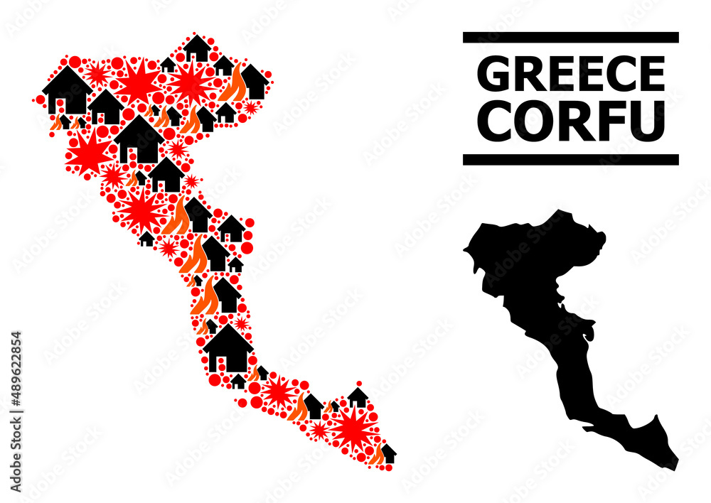 War collage vector map of Corfu Island. Geographic collage map of Corfu ...
