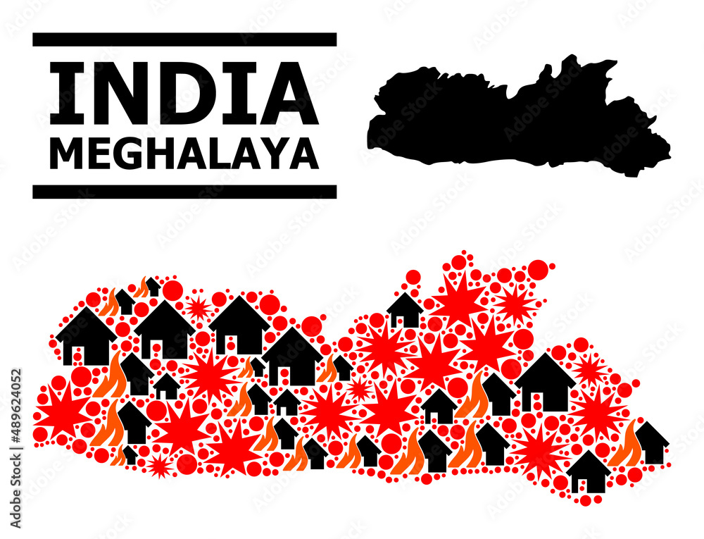 Vetor do Stock: War collage vector map of Meghalaya State. Geographic ...