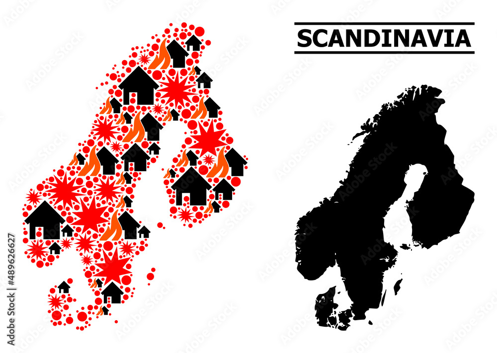 War collage vector map of Scandinavia. Geographic mosaic map of ...