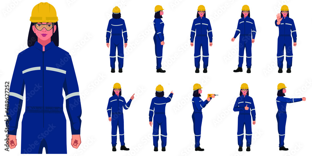 set of factory workers different posses flat style illustration isolated on white background ...