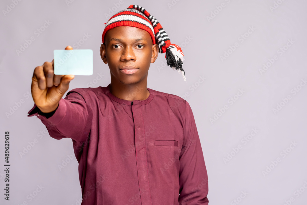 Young african american business man holding id card identification ...