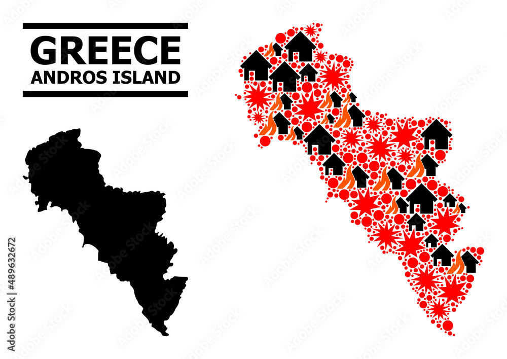 War collage vector map of Greece - Andros Island. Geographic ...