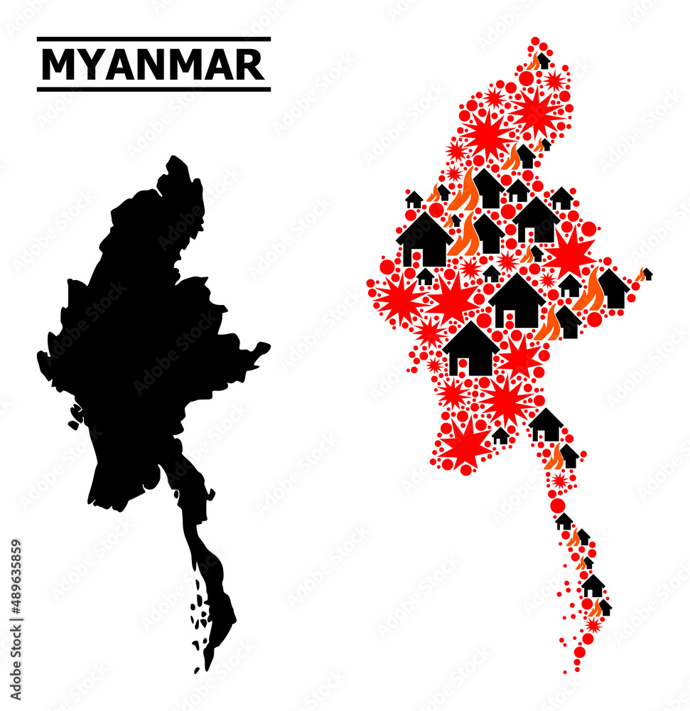 War pattern vector map of Myanmar. Geographic collage map of Myanmar is ...