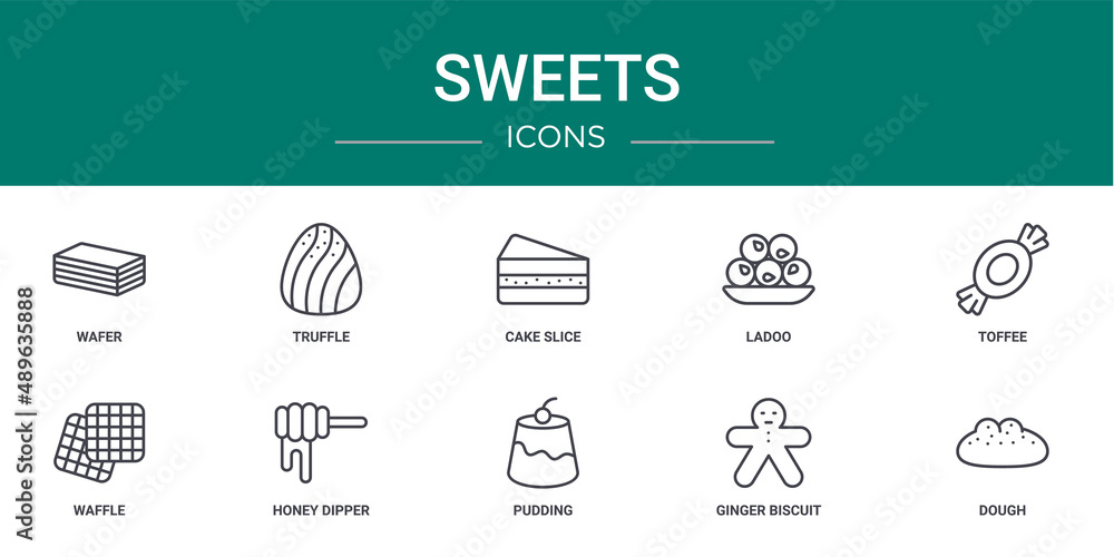 set of 10 outline web sweets icons such as wafer, truffle, cake slice ...