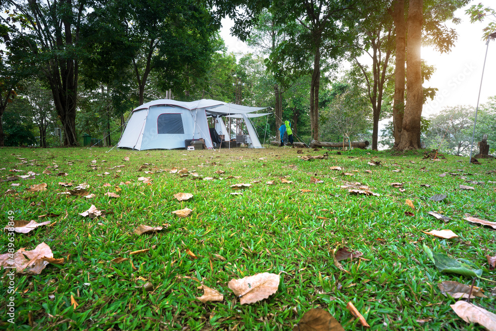 nature landscape autumn white camping or glamping cabin tent on green ...