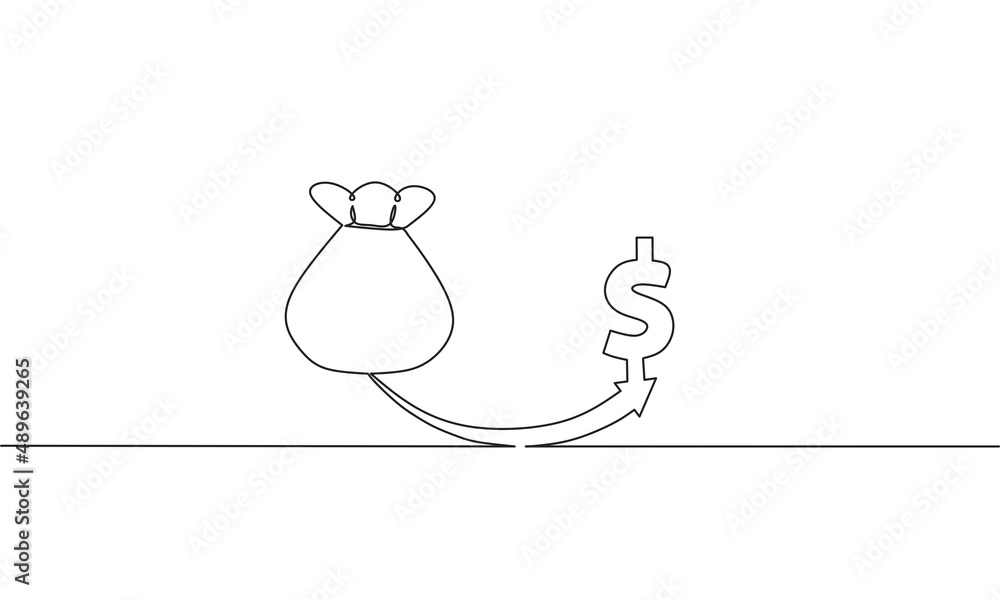 Continuous line drawing of arrow with dollar and money bag, business ...