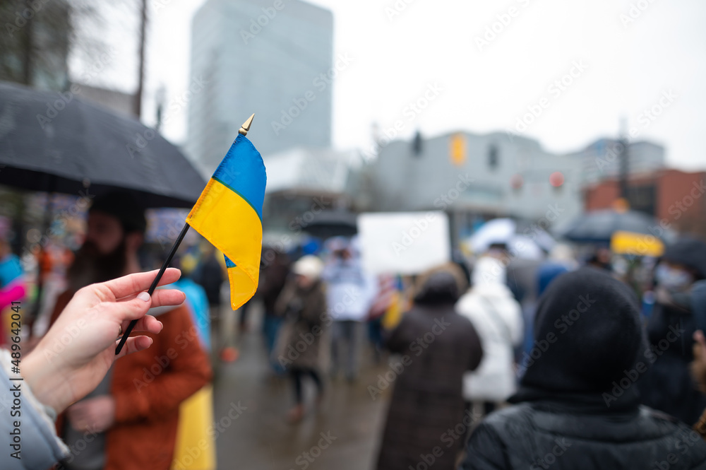 Ukrainian flag on the background of the rally. No war. Support for ...