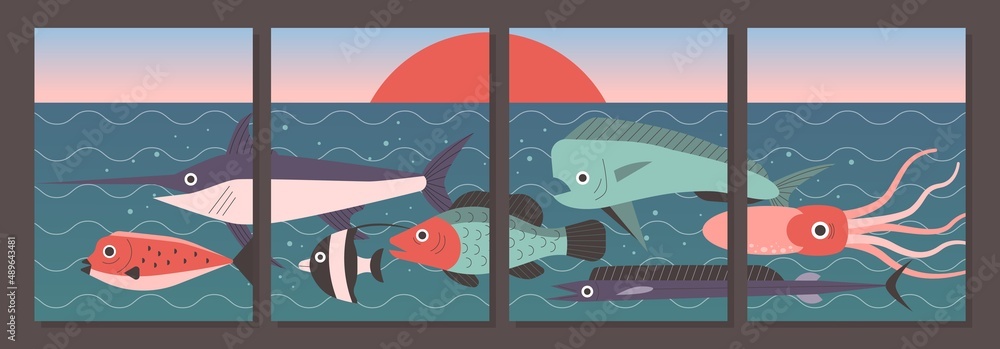 Sea trendy banners. Cartoon ocean and water related posters. Undersea ...