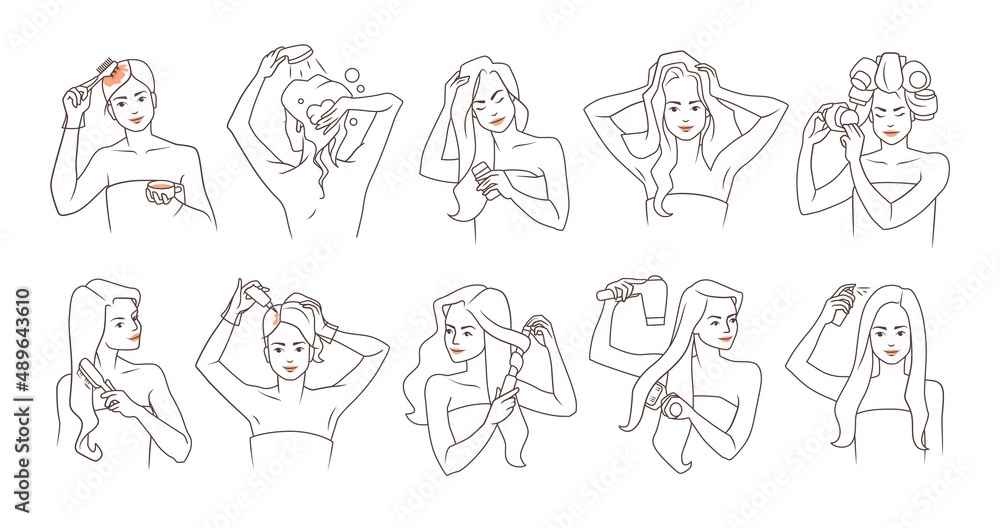 Hair care. Cartoon girl washing hair. Routine beauty shower procedures ...