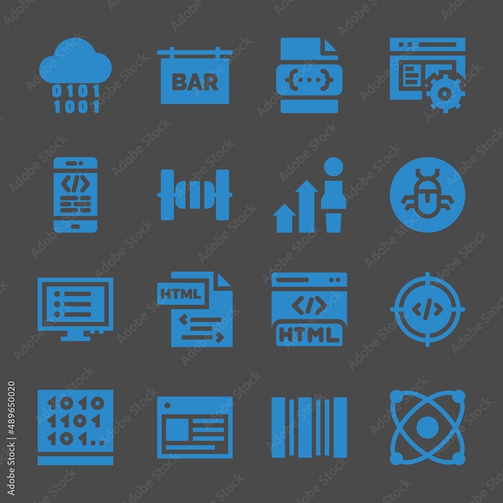 coding web icons. Binary and Bar, Code and Bug symbol, vector signs ...