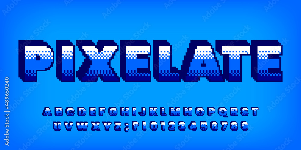 Pixelate alphabet font. 3D pixel letters and numbers. 80s arcade video ...