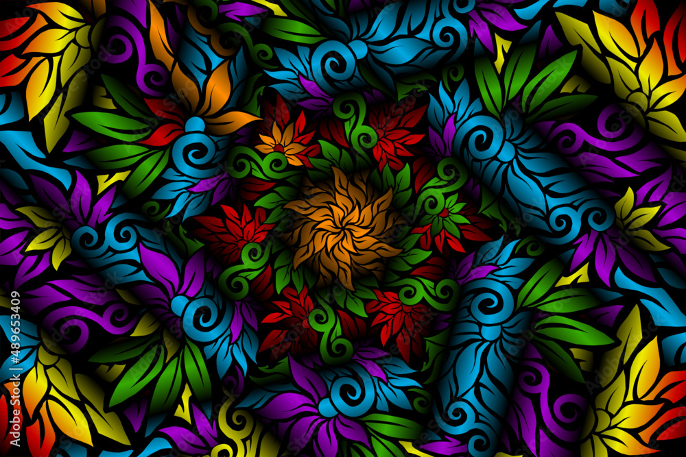 seamless colourful caleidoscope gradient flower and leaf art pattern of ...