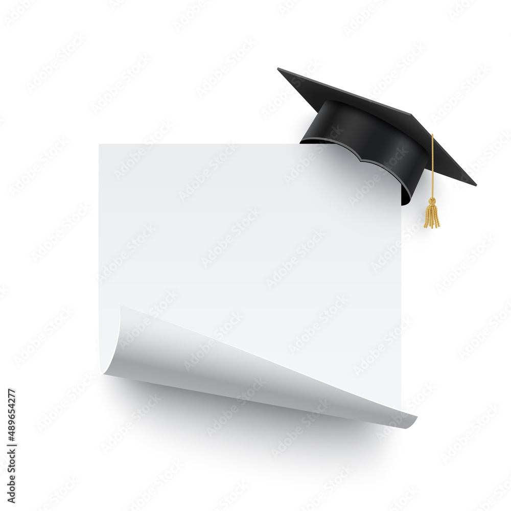 Graduate cap on blank banner with curled edge. Academy degree ...