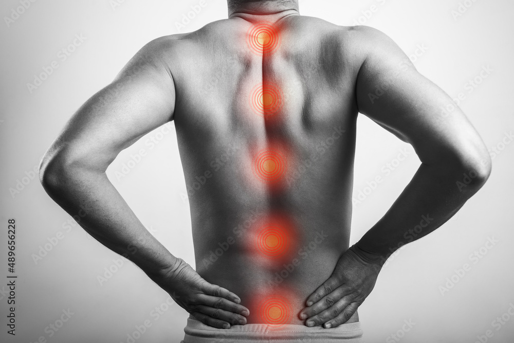 male shirtless body pain on spinal cord anatomy with red mark on spine ...
