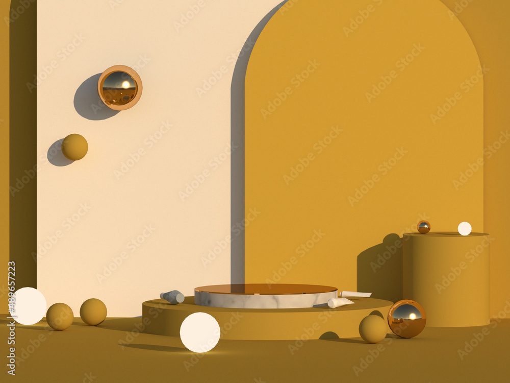 Round Golden podium with mustard yellow arch and clounds with white and ...