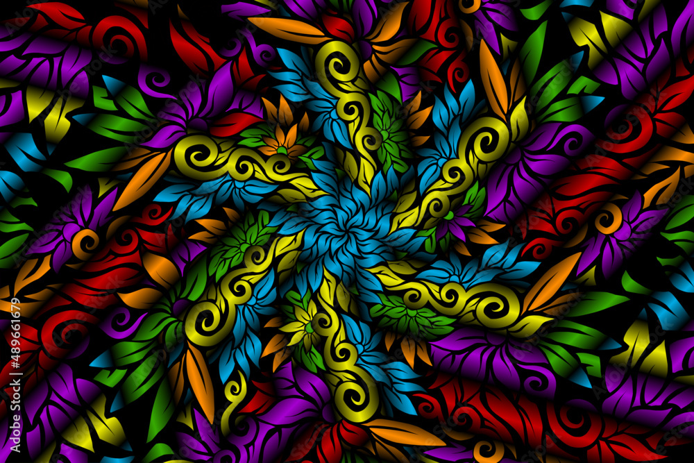 seamless colourful caleidoscope gradient flower and leaf art pattern of ...