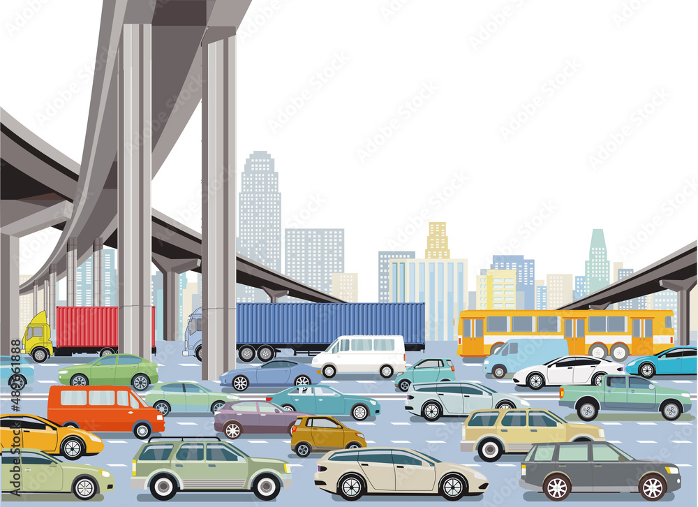 Autobahn in einer Großstadt mit LKW und Personenwagen, Illustration ...