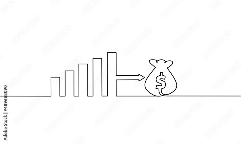 Continuous line drawing of growth graph with arrow and money bag ...