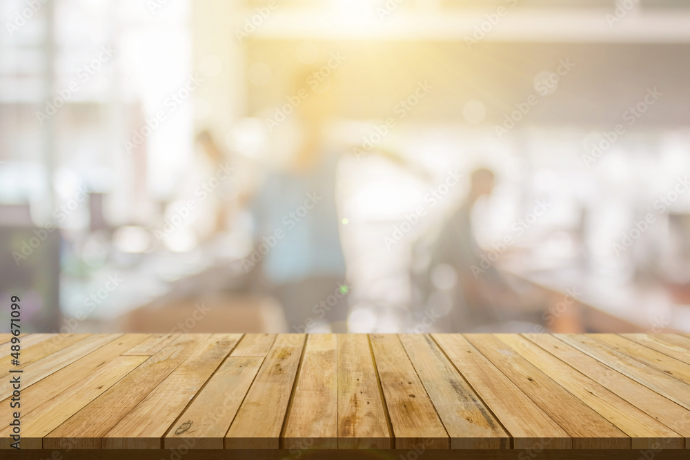Plank wooden table top and blurred abstract background from interior ...