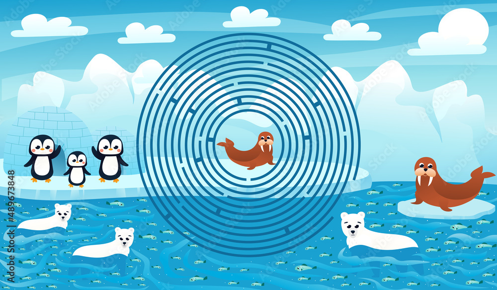 Arctic landscape and circle maze for kids with cute polar bears, seals ...