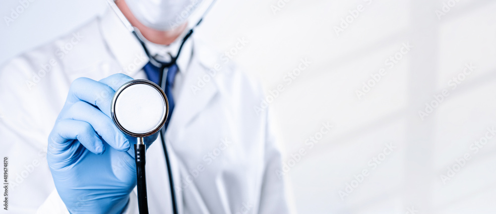 Stethoscope doctor medical background. Happy nurse in hospital uniform ...