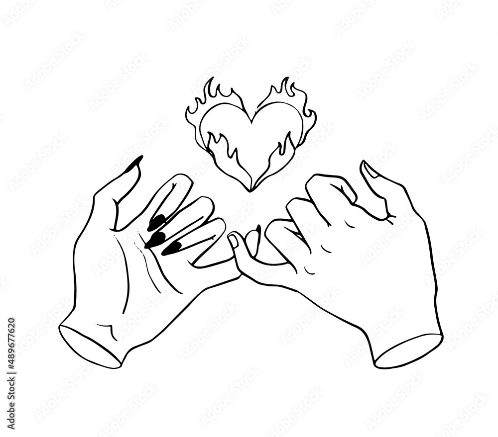 Pinky promise. Doodle hands and heart on fire. Crossed female hands ...