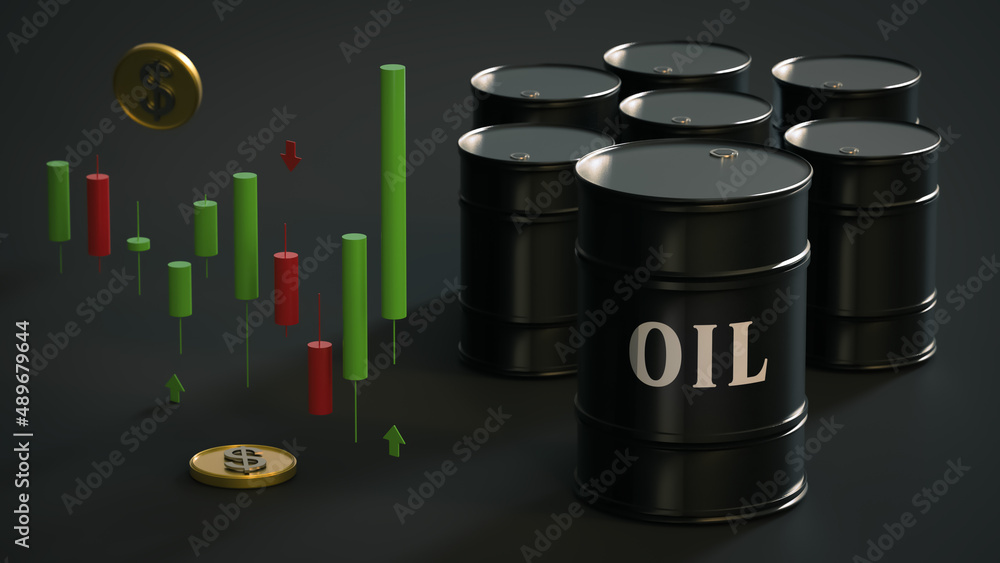 Barrels labeled "oil" and a stylized candlestick chart on a gray ...