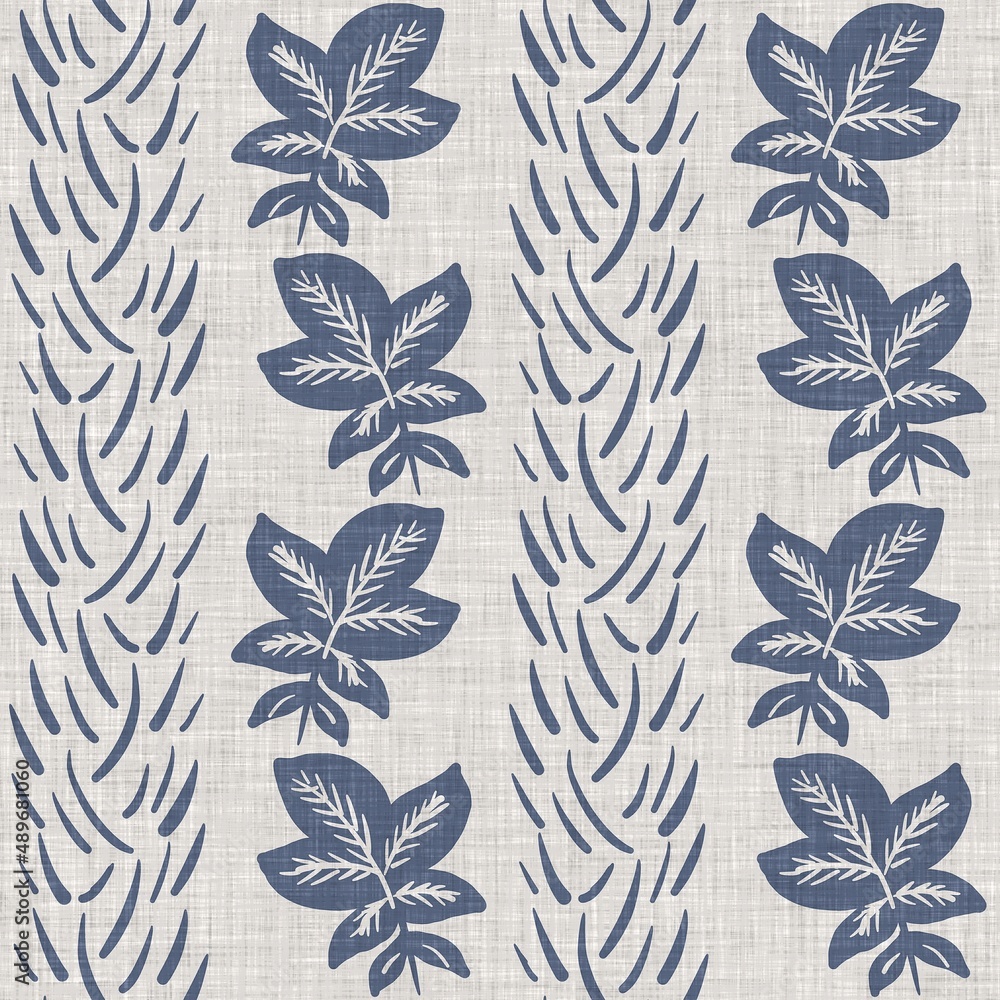 French blue botanical leaf linen seamless pattern with 2 tone country ...