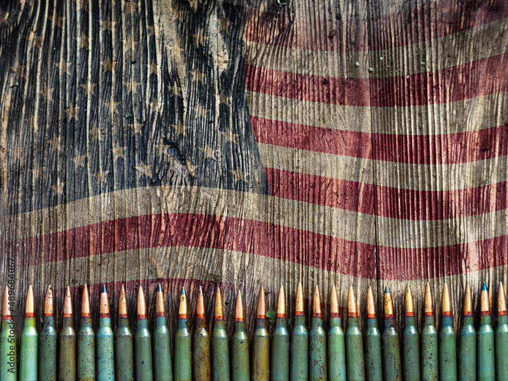 Weapon ammo on an old wooden background with US flag - photo with copy space. Stock Photo ...