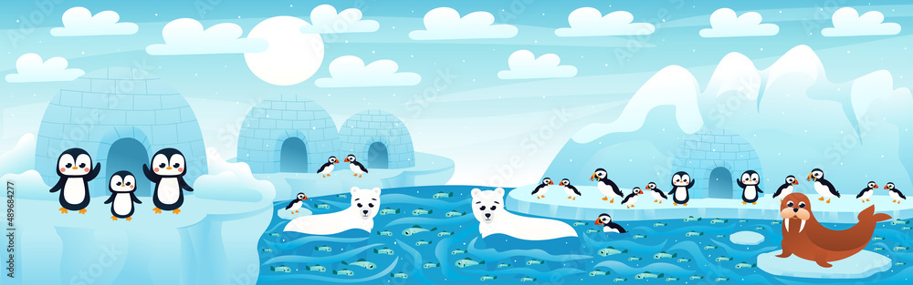 Polar landscape with cute cartoon animals with fish and iceberg, arctic ...