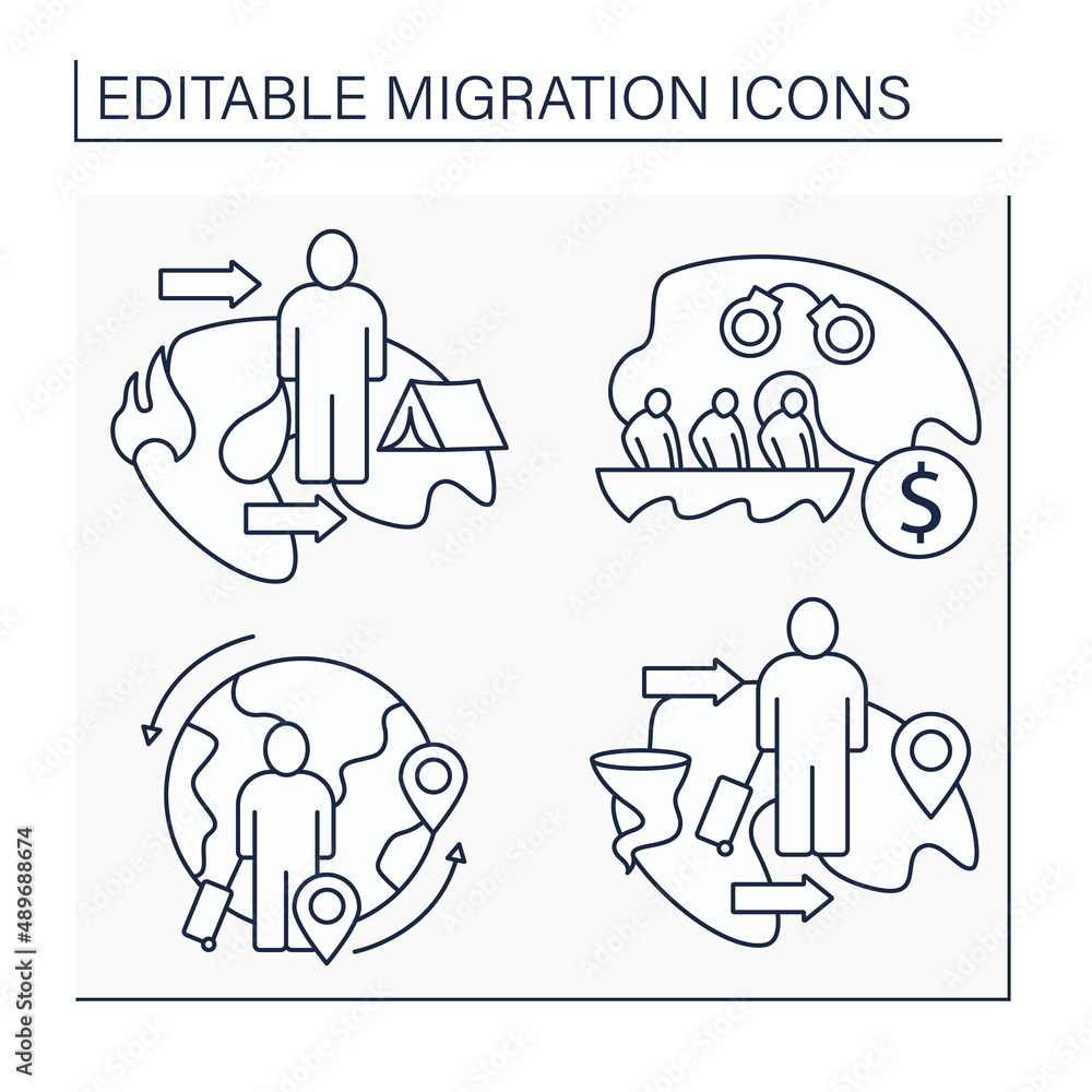 Migration line icons set. Climate, circular migration, refugee ...
