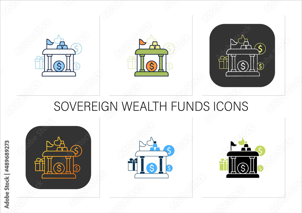 Sovereign wealth funds icons set. Investment fund place. Tax storage ...