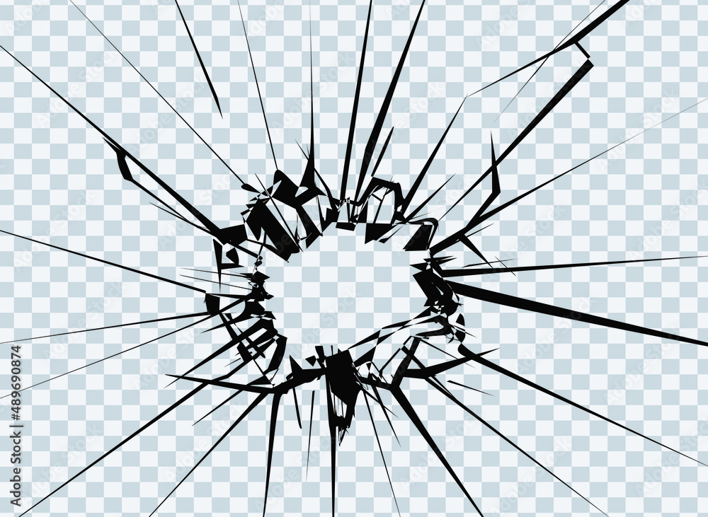 Broken glass, cracks, bullet marks on glass. Hole on wall, windows or ...