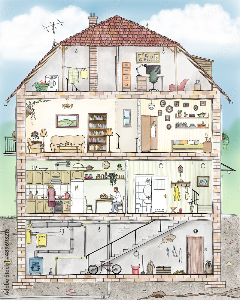Inside two storey house Stock Illustration | Adobe Stock