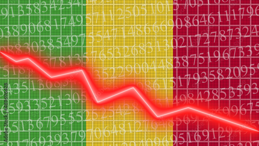 Mali flag and economic and finance growth progress chart report - red ...
