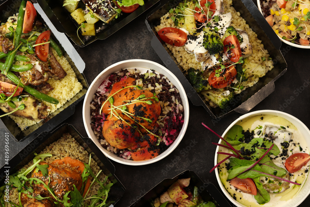 Ready healthy food menu in lunch boxes with fish, meat and vegetable ...