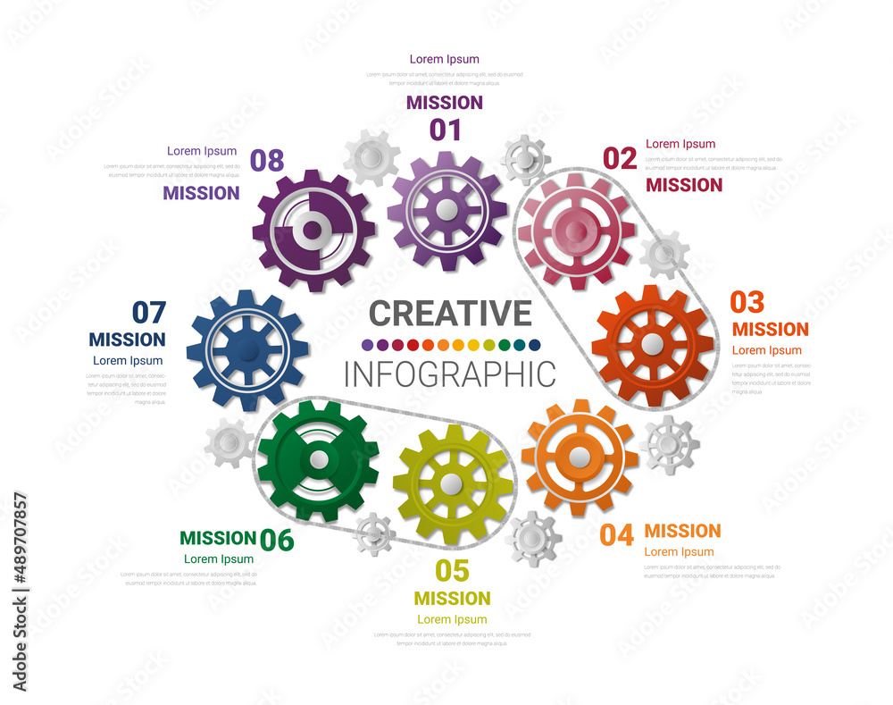 Gear infographics for presentation 8 steps. Cogwheel transmission ...