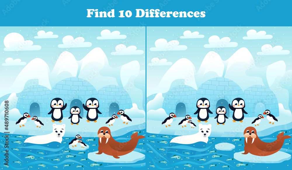 Find ten differences printable worksheet with arctic penguins, seals ...