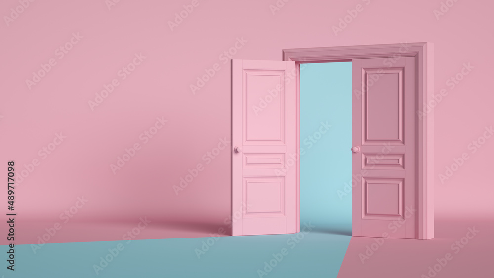 3d rendering, open double doors inside the pink room. Architectural or ...