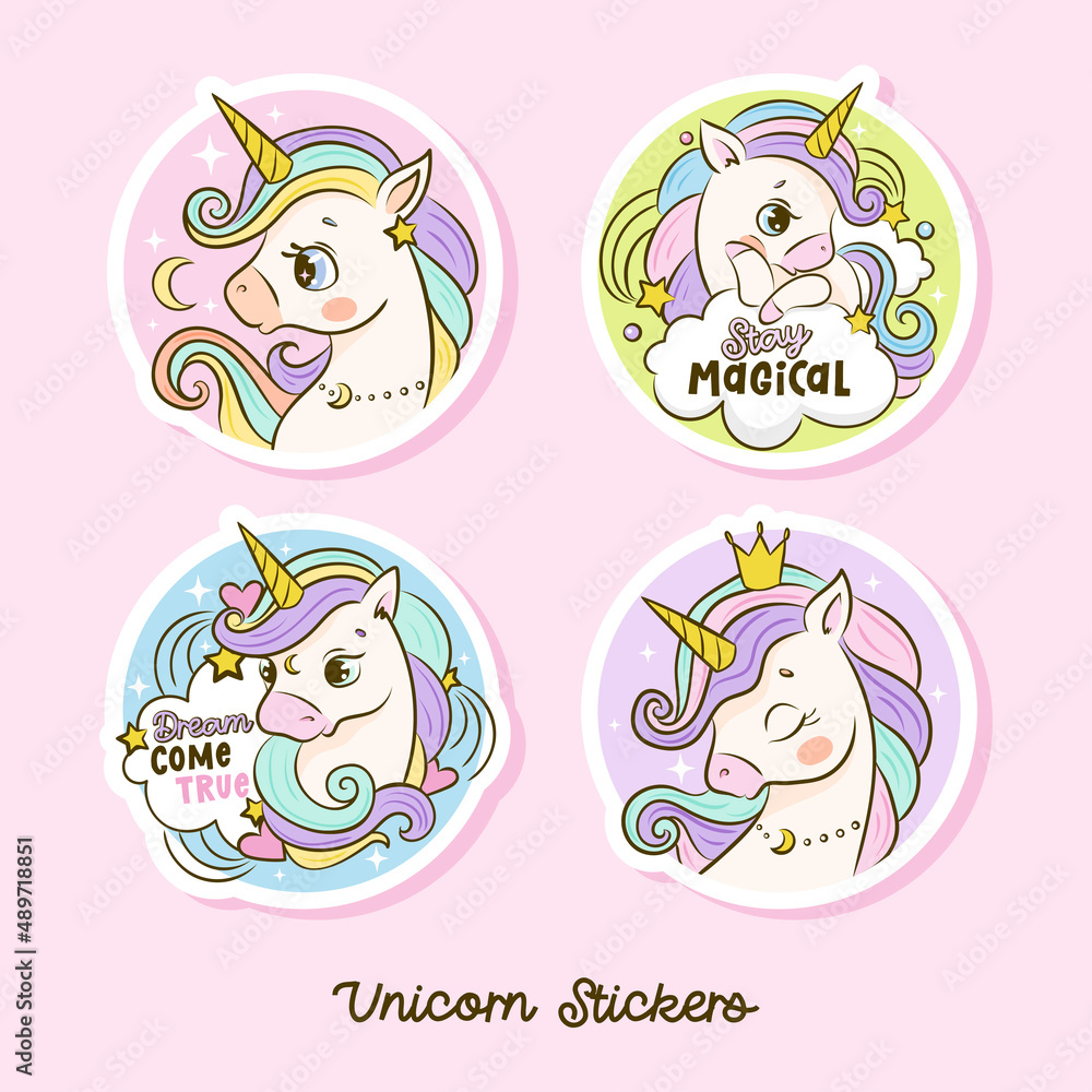 Cute cartoon unicorn stickers collection Stock Vector | Adobe Stock