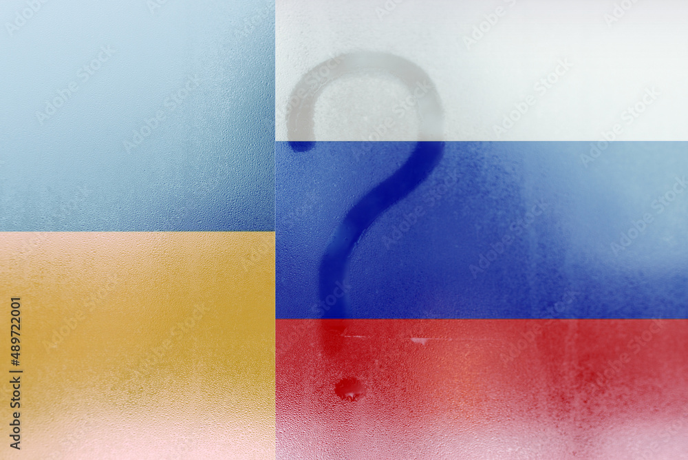 Flags of Russia vs Ukraine double exposure drawn question mark on the ...