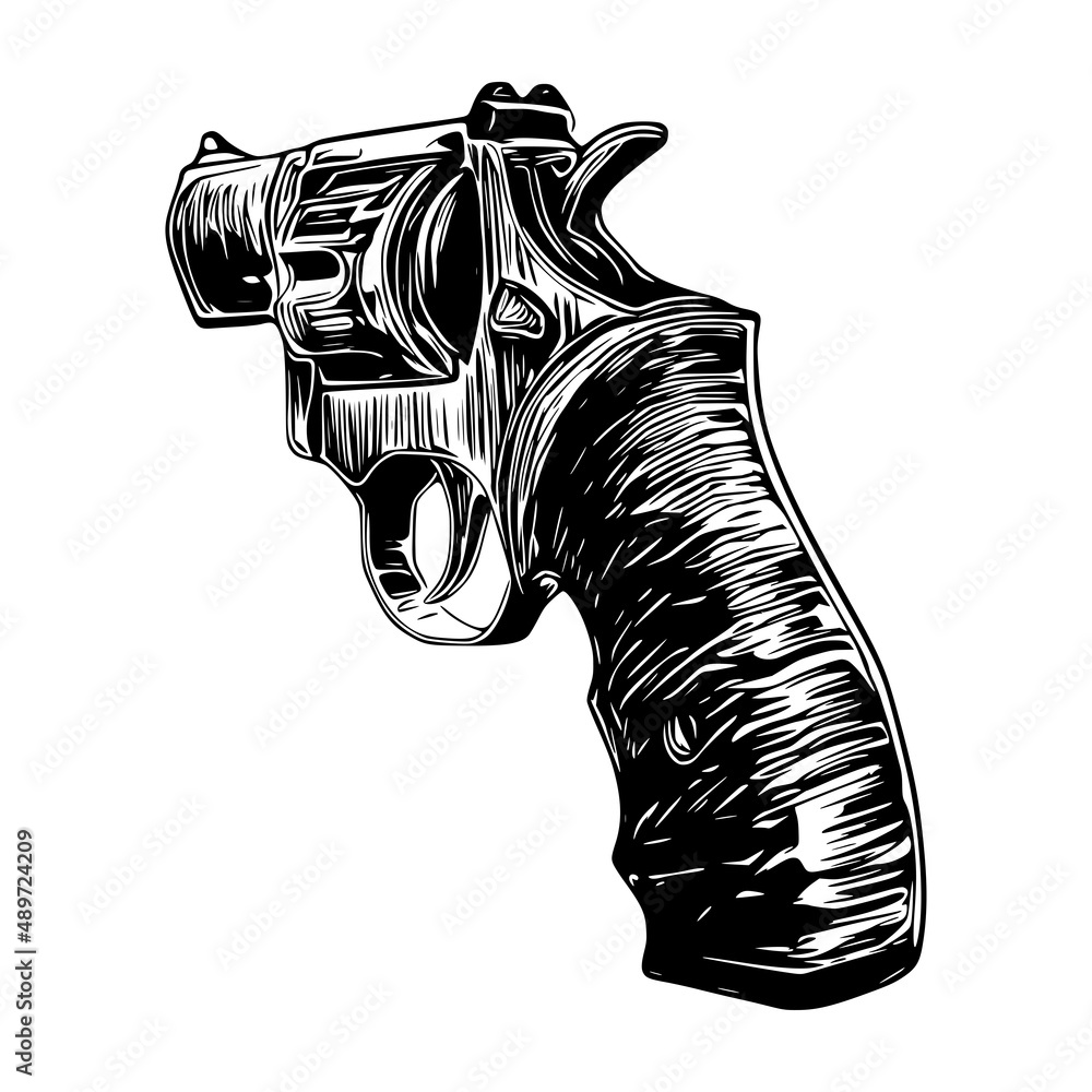 Vector drawing of a revolver. Monochrome sketch on a white background ...