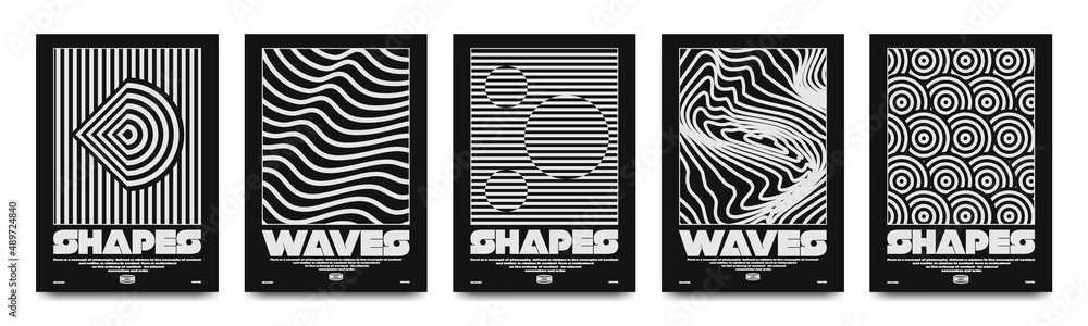 Collection of modern geometric and waves posters. In rave style ...