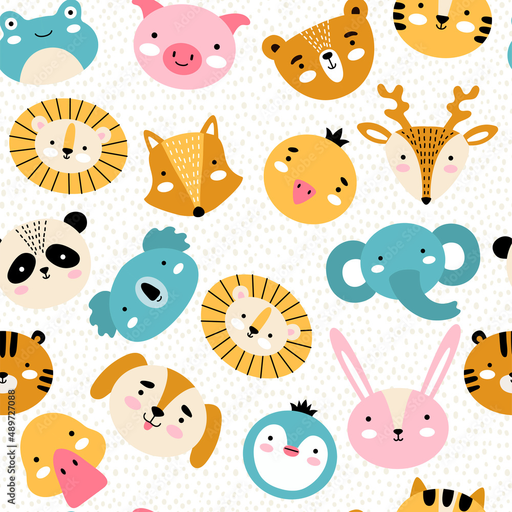 Animal faces pattern. Cute colored wild animal in cartoon style mouse ...